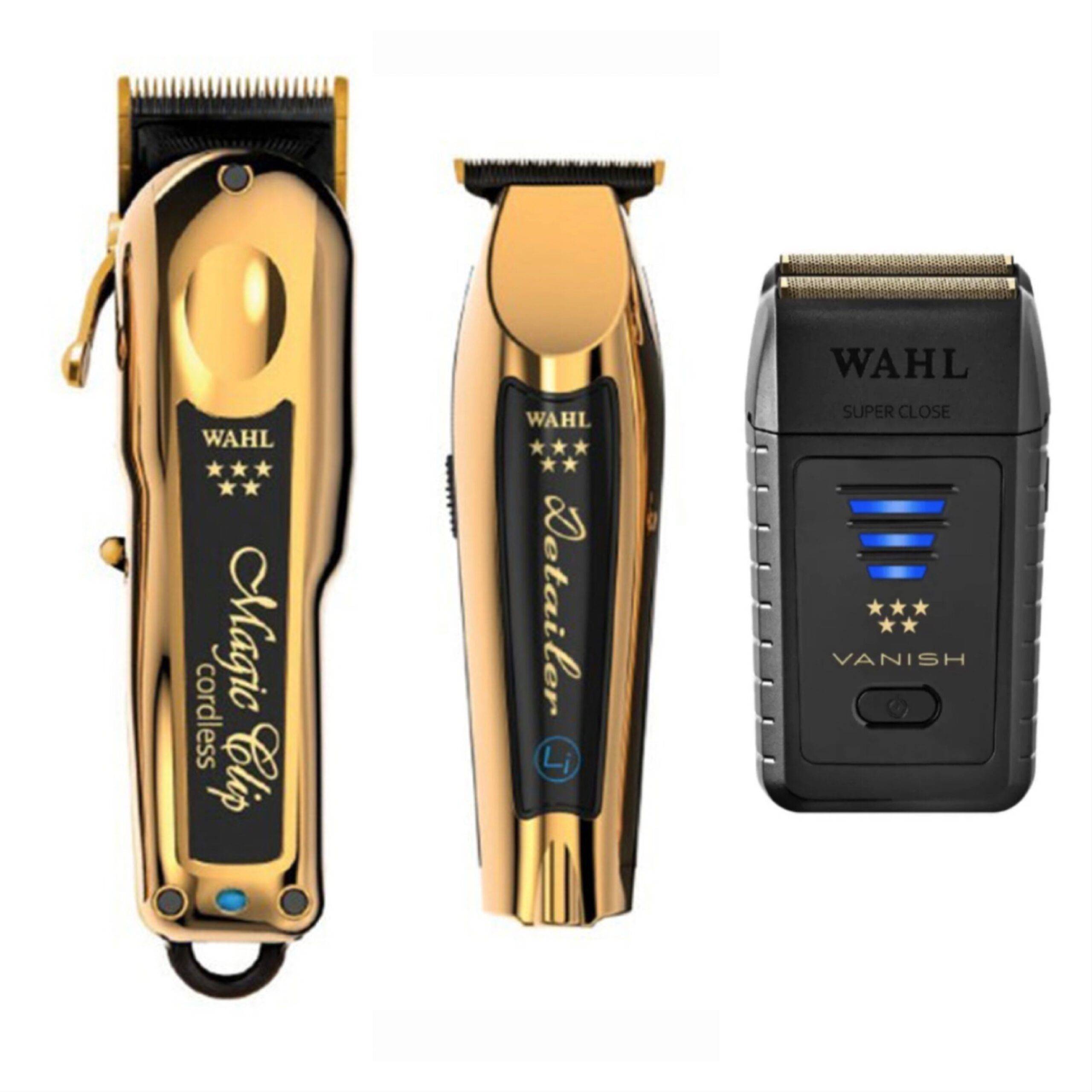 Wahl Pro 3pc Gold Limited Edition Combo by ibs – Gold Magic clip Cordless, Gold Detailer li ...
